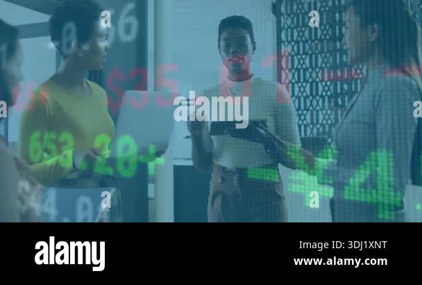 Three colleagues meeting in office tapping tablet and analyzing ...