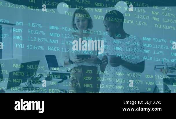 Coworkers tapping tablet analyzing floating financial percentages ...