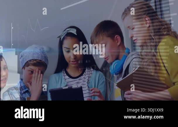 Students around education tablet, boy tapping screen starting animated ...