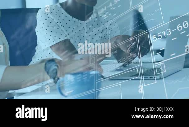 Colleagues tapping laptop, pointing docs, updating translucent overlay ...