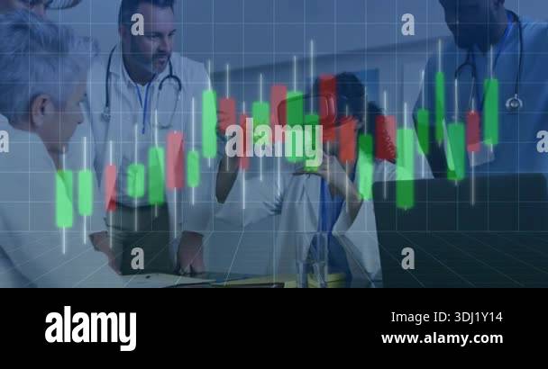 Lead doctor reviewing report, initiating candlestick chart overlay ...