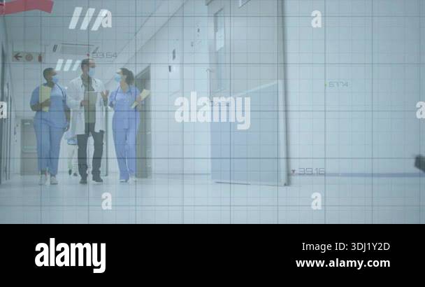 Team walking corridor talking case, grid, red trend line dipping rising ...