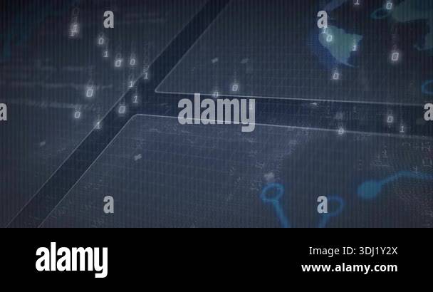 Binary streams appearing at panel tops, cascading panels pulsing key ...