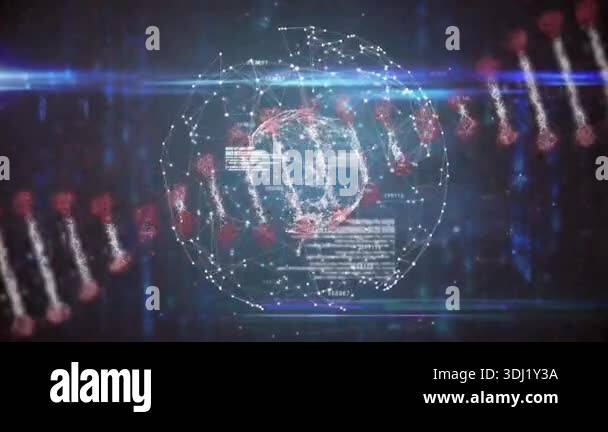 Red particle stream emerging spiraling around mesh sphere while code ...