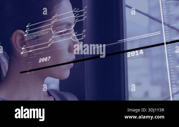 Technology HUD appearing over woman's face initiating timeline scan bar ...