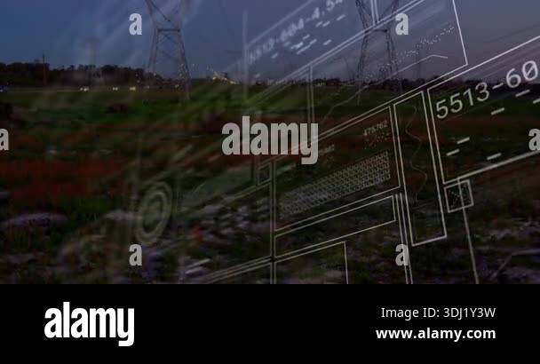 On start HUD panels fading in over transmission towers showing live ...