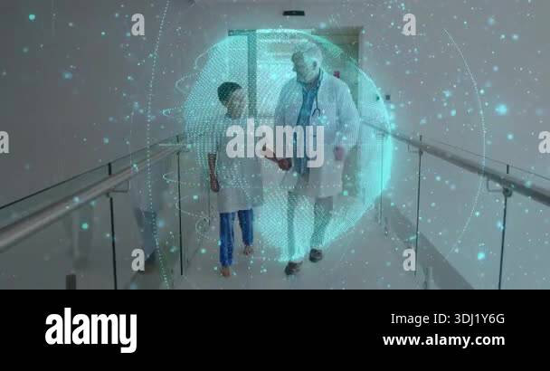 Senior doctor reaching patient hand guiding walking hospital corridor ...