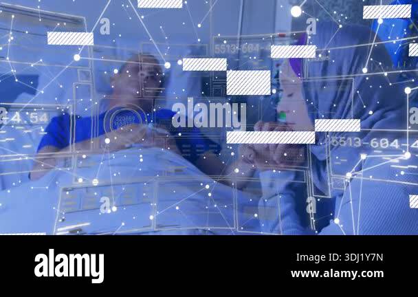 Hospital system activating glowing grid and drifting numeric blocks ...