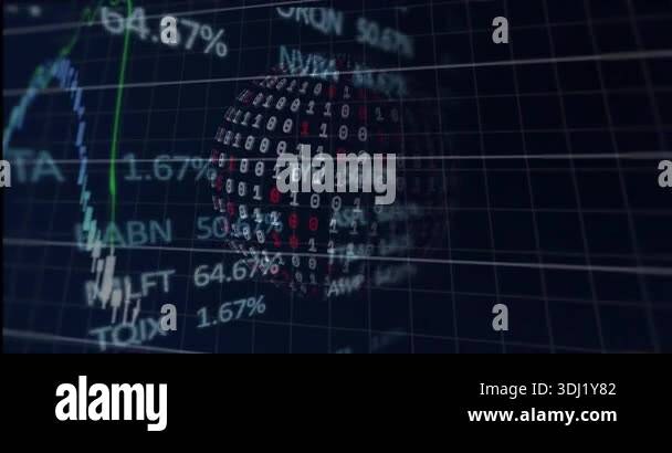 Dark grid fading in binary globe rotating candlestick chart rising blue ...