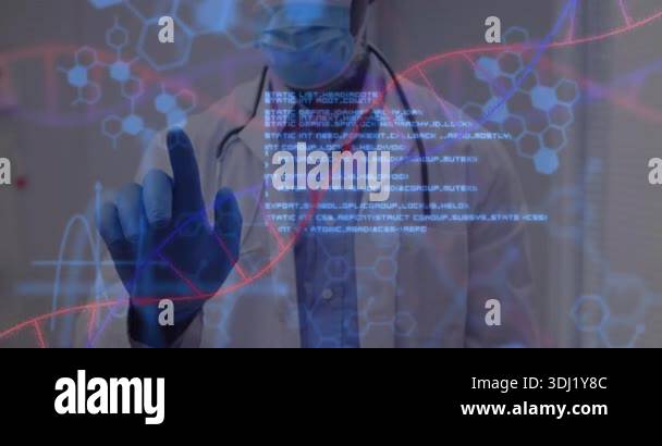 Doctor tapping hologram interface tracing red helix code running ...