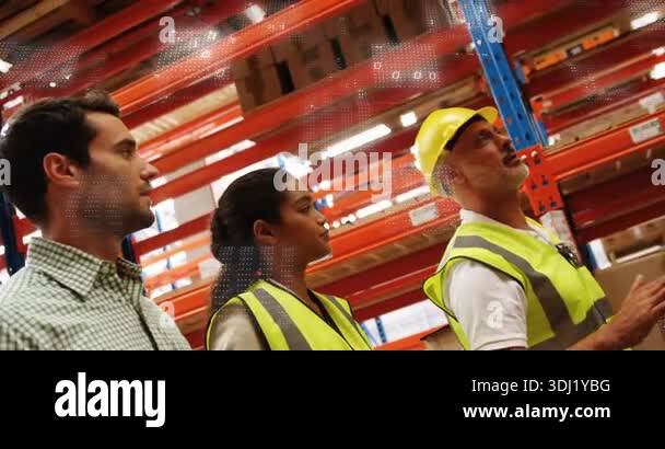 Supervisor pointing upward to racks and initiating digital binary ...