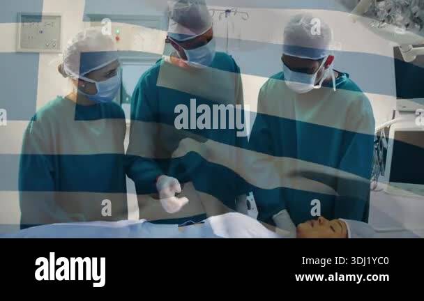 Medical team raising gloved hand instructing, marking incision line ...