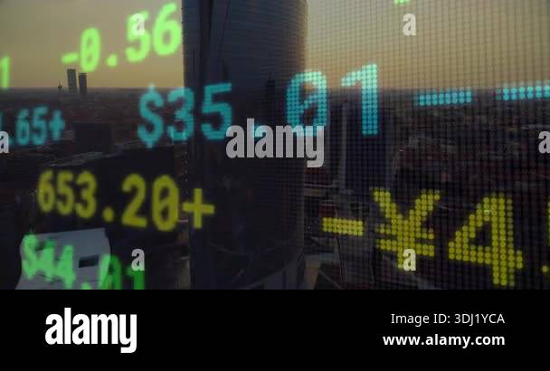 At start skyline showing numeric figures floating, flickering ...