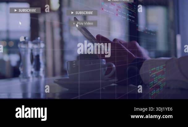 Man holding phone over cup starting grid, showing social media icons ...