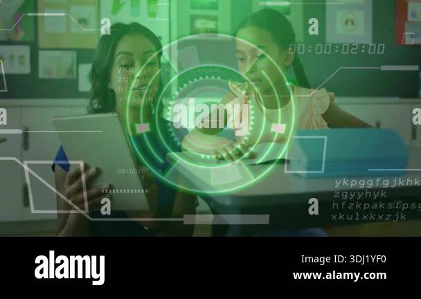 Teacher tapping tablet starting holographic scanning overlay, student ...