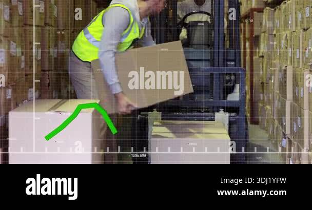 Forklift operator advancing forks under pallet and warehouse worker ...