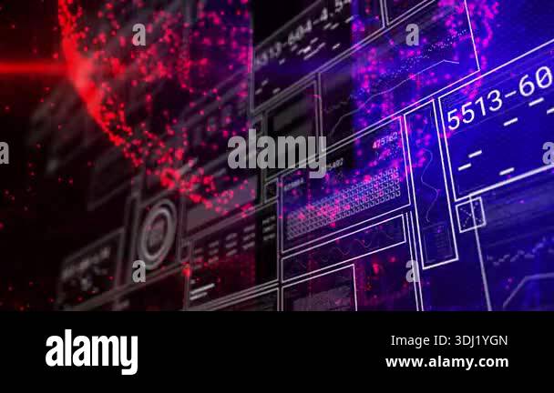 Red particle clouds coalescing into globe, outlined panels updating ...