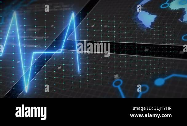 Glowing pulse line oscillating across grid initiating 3D globe and ...