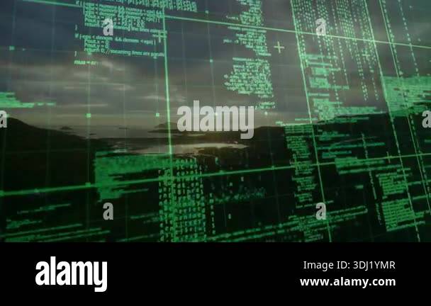 sunset glow initiating green grid overlay scanning shore while code ...