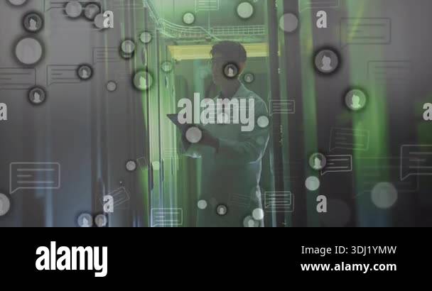 Technician entering data center tapping tablet initiating feed ...