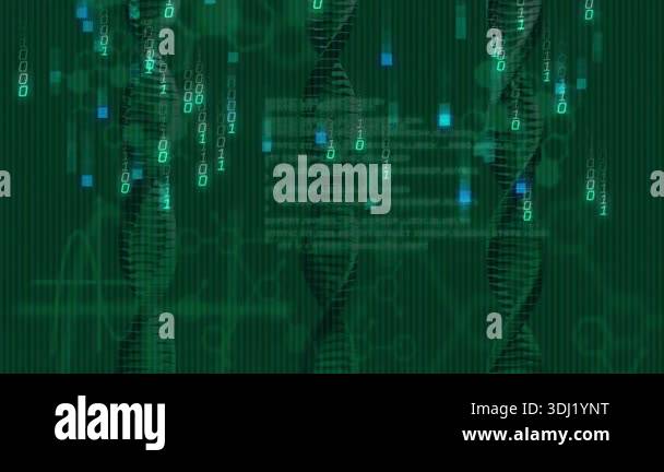 3D render showing binary digits falling, code sliding building data ...
