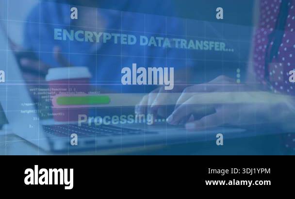 Coworkers initiating secure transfer via laptop typing while holding ...