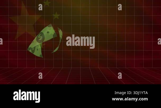 Banknotes sliding in from left swirling, vanishing over red grid with ...