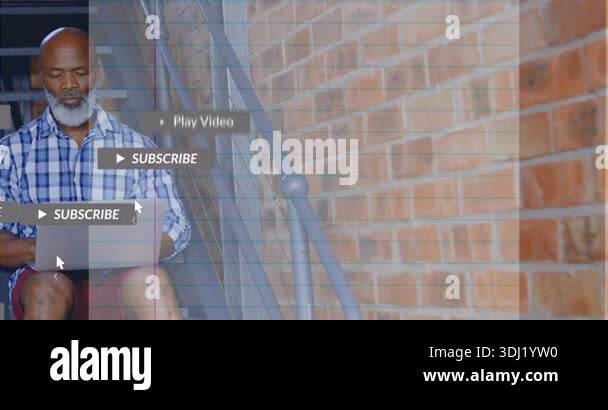 Senior man typing on laptop, clicking subscribe icon, causing badge ...