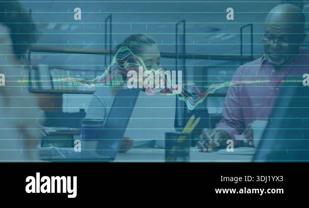 When animated chart appearing, woman passing report and man scrolling ...