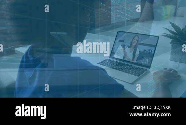 Man opening laptop for finance call, woman showing t-shirt with code ...