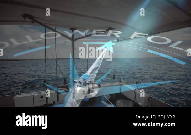 Digital compass overlay entering view, rotating while arrow pivoting ...