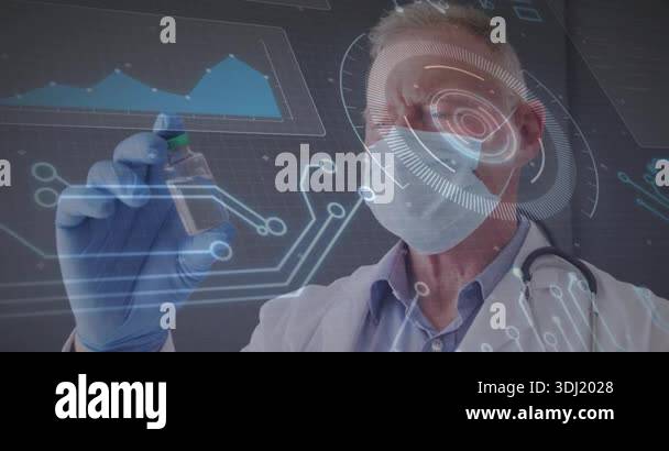 Senior male doctor lifting green cap vial and inspecting while chart ...