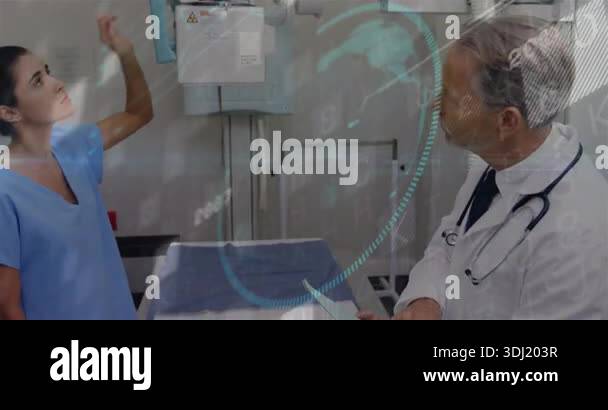 Nurse adjusting x-ray triggers doctor reviewing chart while animated ...