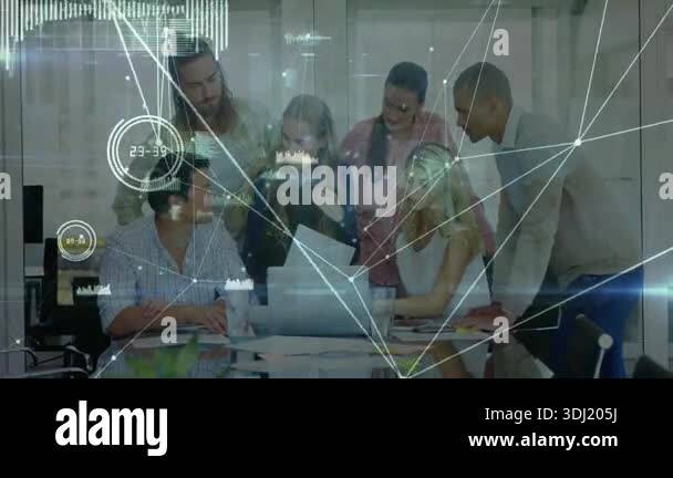 Man pointing laptop leading business team passing papers, charts ...
