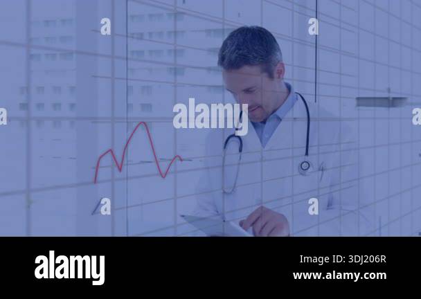 Male doctor scrolling tablet, generating red-blue charts on glass grid ...