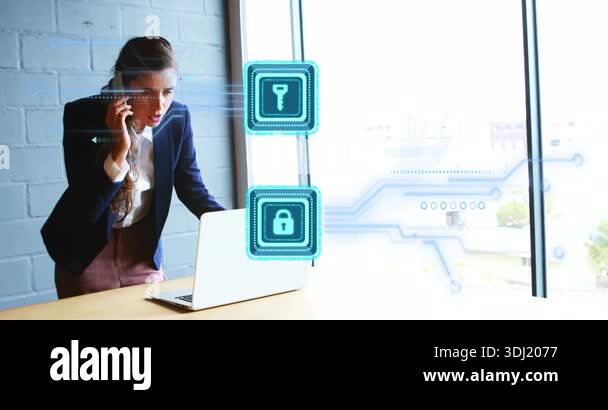 Businesswoman making smartphone call and checking laptop while glowing ...