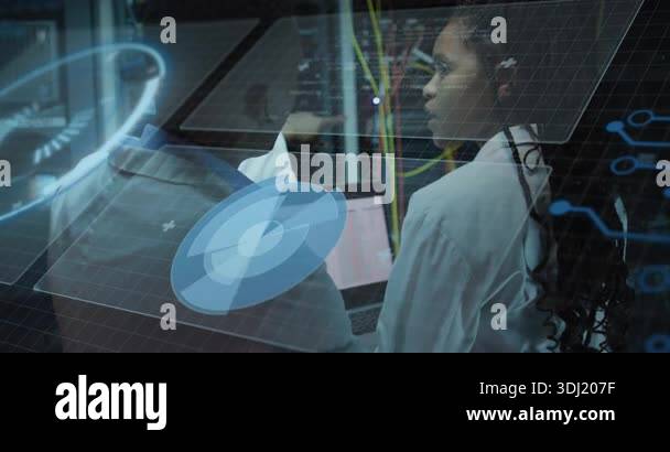 Entering server room IT pro pointing cables while engineer analyzing ...