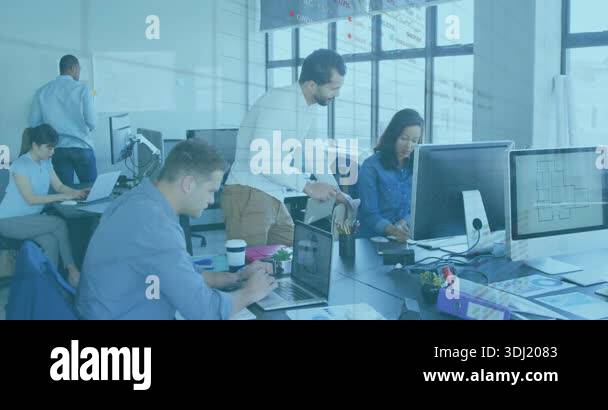 Business colleague showing tablet to coworker and activating animated ...