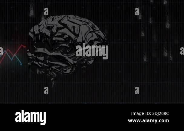 Upon binary code streaming, glossy 3D brain emerging and rotating as ...