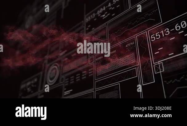 Drifting red particle mist weaving through 3D floating panels revealing ...