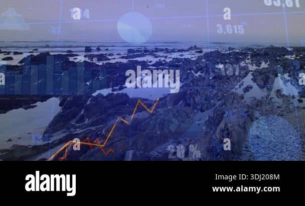 Interface appearing over rocky shoreline animating orange, red, green ...