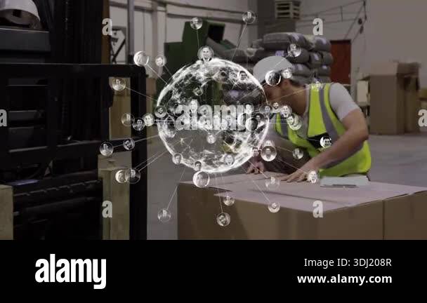 Warehouse worker inspecting box and logging stock after holographic ...