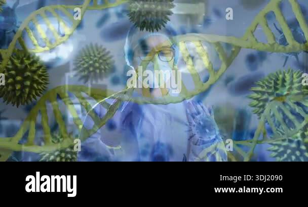 Doctor adjusting gloved hands and causing swirling DNA helix with virus ...