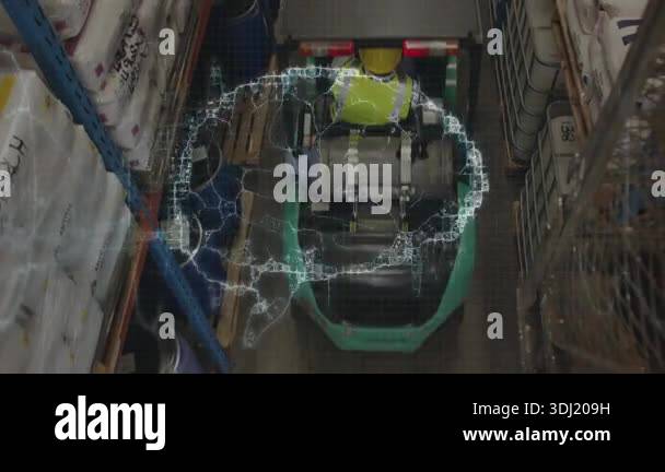 Forklift driver starting driving through warehouse while animated brain ...