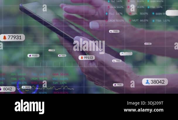 Woman tapping and swiping tablet activating animated UI overlays for ...