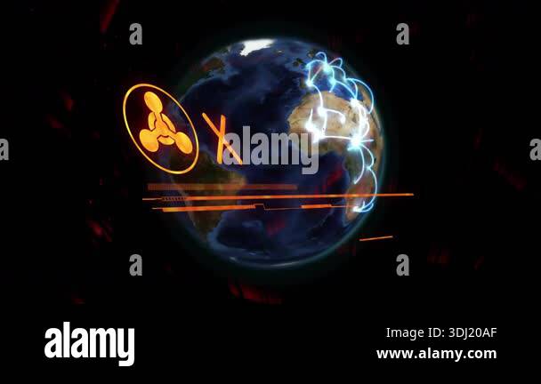 Drifting red bits sparking alert icon swooping over Earth, blue arcs ...