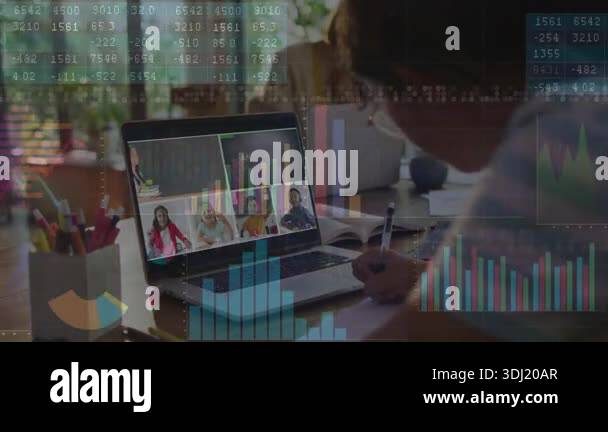 Student opening laptop, joining online class, writing notes while ...