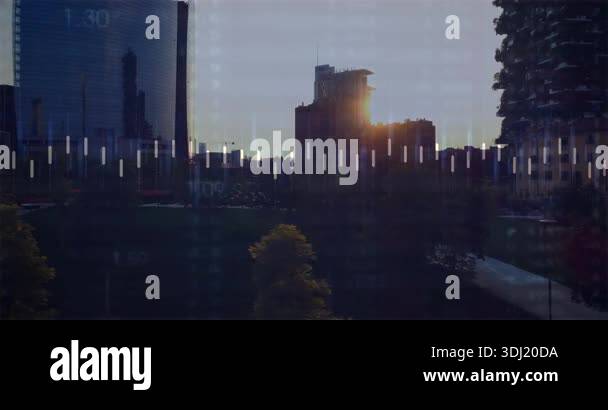 Sun peaking between towers initiating overlay animating bars line graph ...