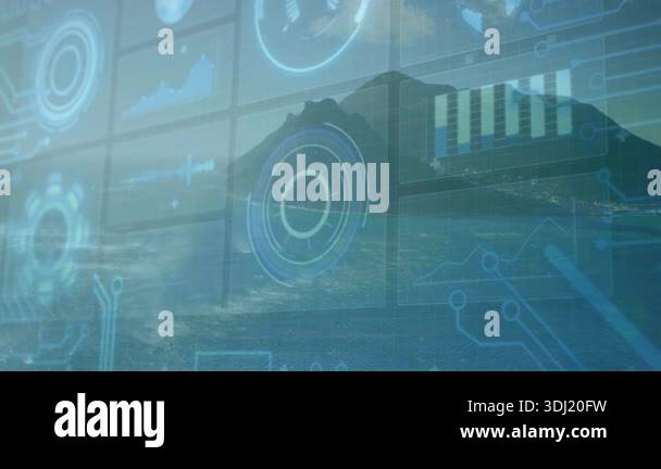 Holographic panels fading, radar chart pulsing, bars rising, map ...