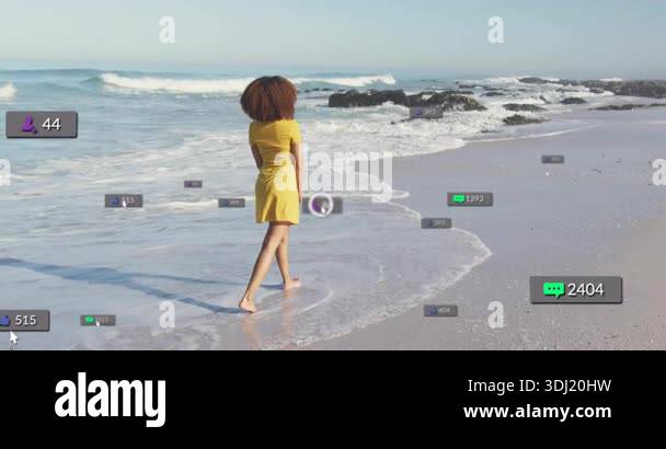 Influencer stepping into surf showing floating social media metrics ...